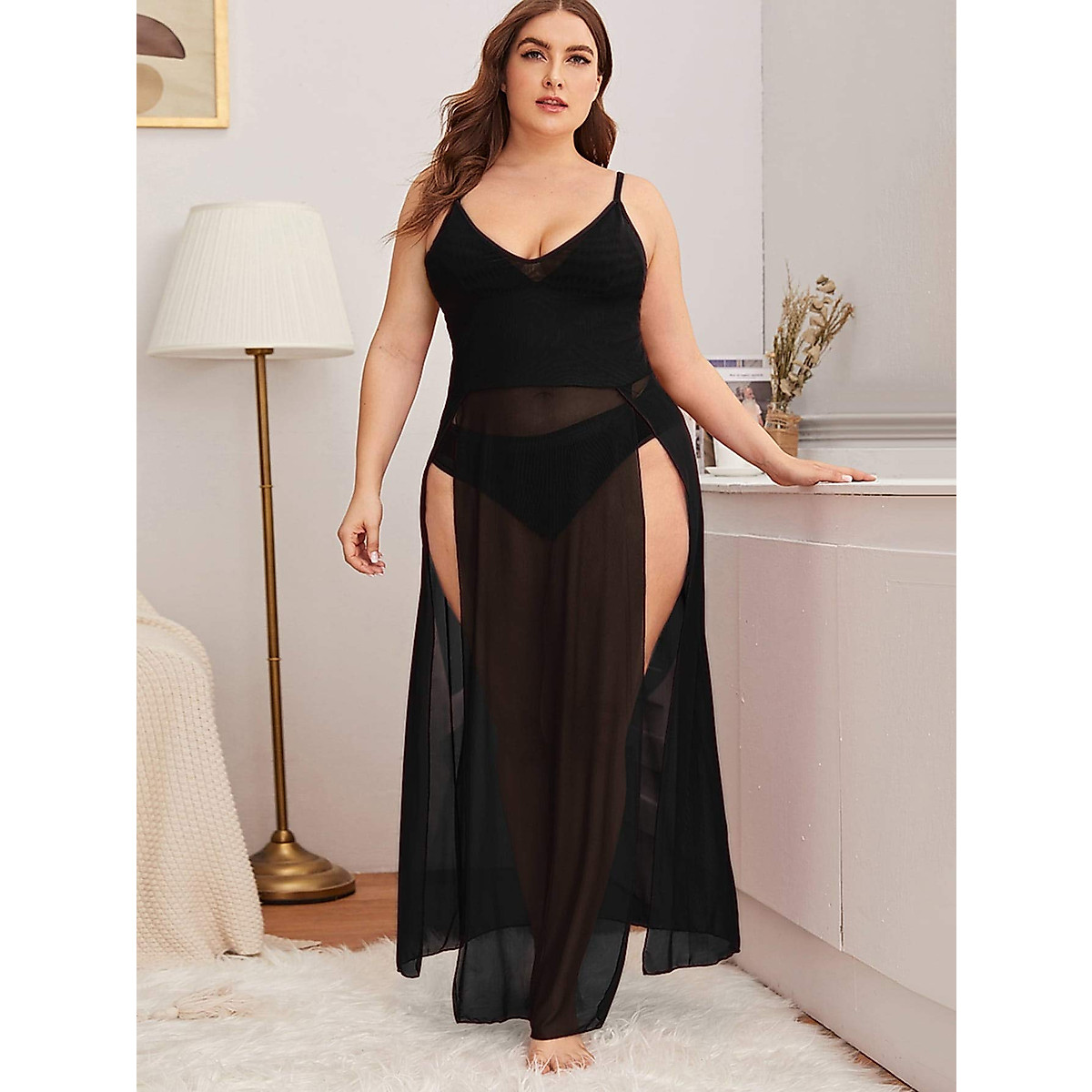 SOLY HUX Women's Plus Size Split Long Mesh Lingerie Dress Babydoll Chemise Black 2XL