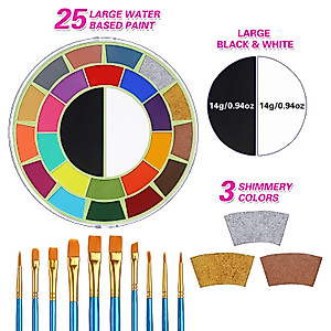 BOBISUKA Face Body Paint Kit - 25 Colors Water Activated Painting Makeup Palette + 10 Blue Artist Paint Brushes Set Large Black & White Ideal for Halloween, SFX, Theater, Cosplay, Parties and Costume