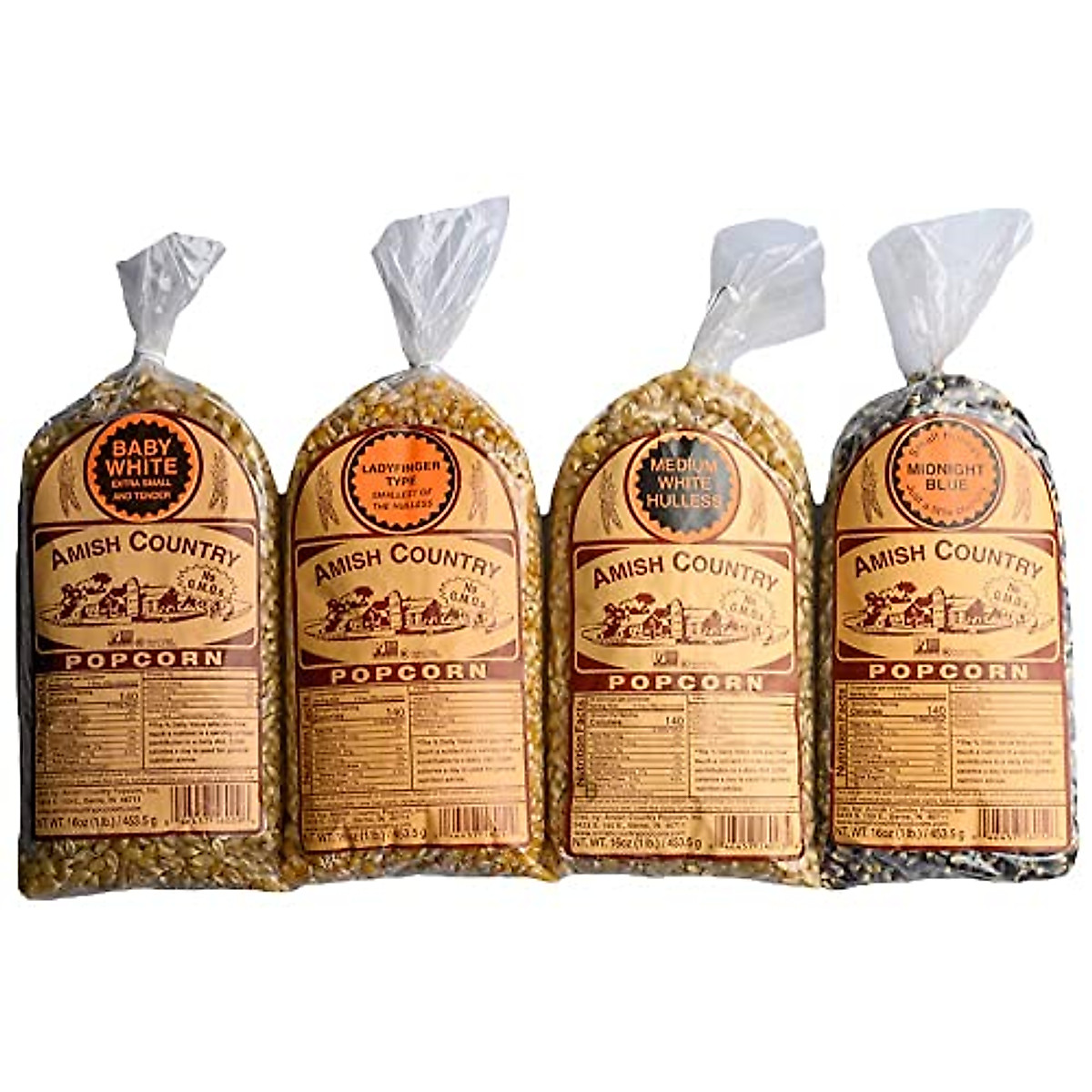 Amish Country Popcorn | 4-1 lb Bags | Variety Pack | 1 lb Baby White -1 lb Medium White - 1 lb Ladyfinger and 1 lb Midnight Blue Popcorn Kernels | Old Fashioned, Non-GMO and Gluten Free (4-1 lb Bags)
