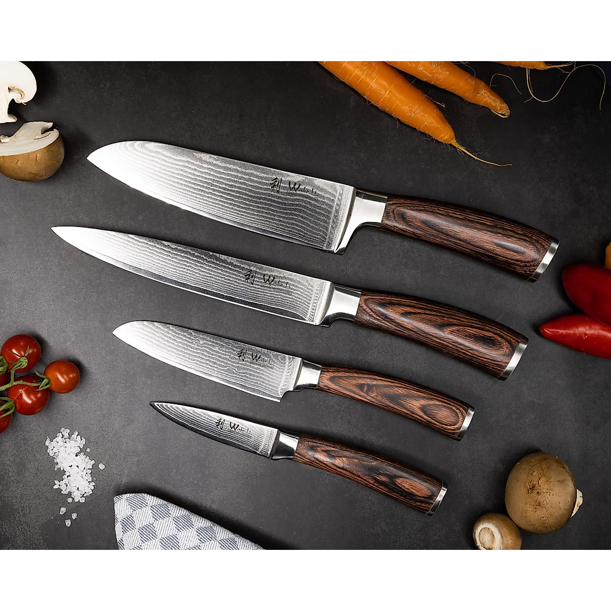 Wakoli EDIB 4-pcs Damascus Knife Set I Professional Kitchen Knives made of Japanese Damascus Steel VG10 Chef Knife Set with Pakka Wood Handle in Gift Box