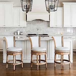 Maven Lane Pullman 26 Inch Tall Counter Height Upholstered Barstool with Back in Weathered Oak Finish with Sand Color Fabric Cushion Seat, Set of 4