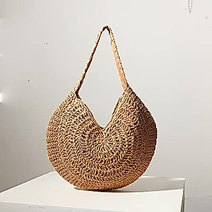JBRUN Women Straw Woven Tote Handmade Weaving Shoulder Bag Handbag Summer Beach Large Semicircle Hobo Bag (Brown)