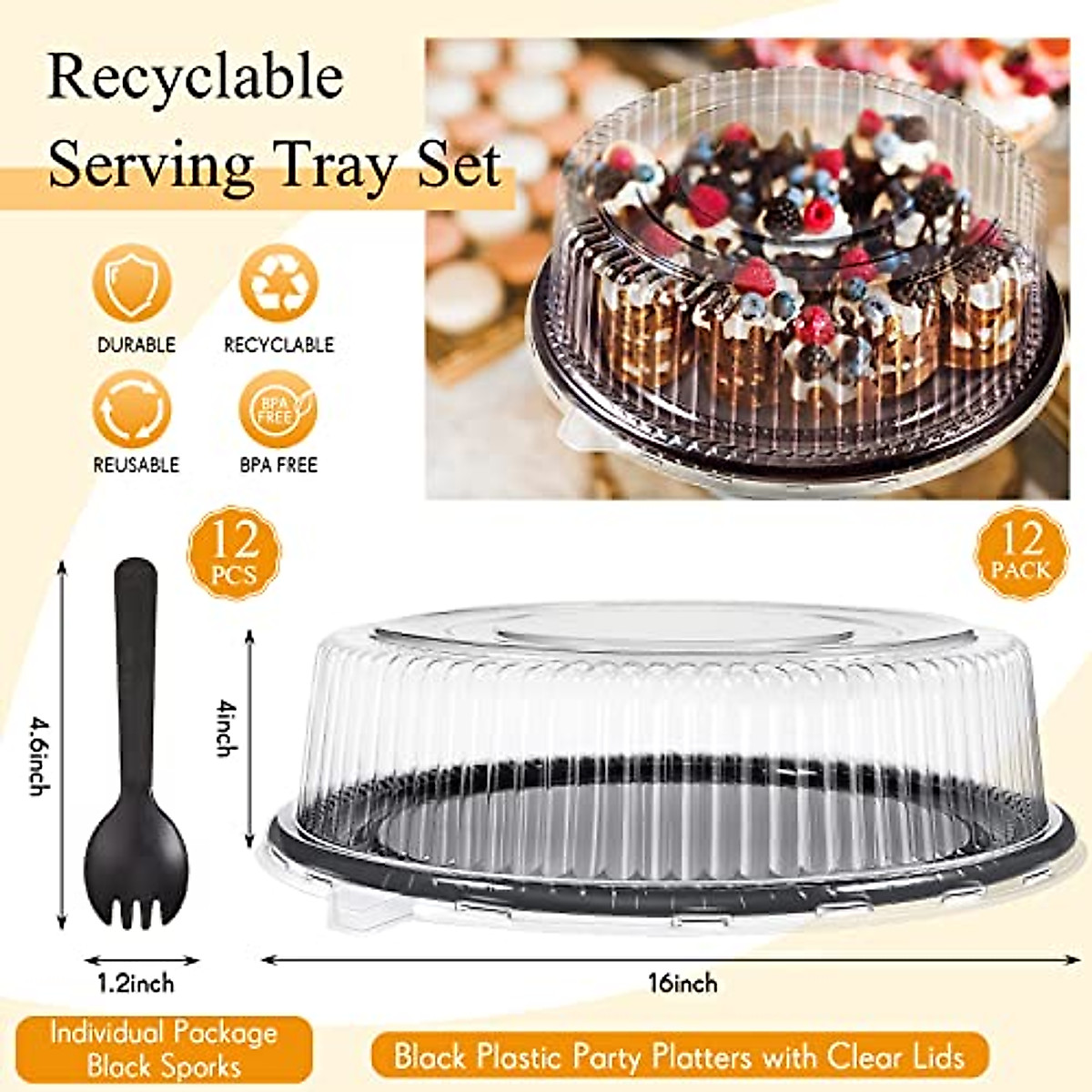 Tessco 12 Pack 16 Inch Heavy Duty Serving Tray with Clear Lid and Sporks, Large Plastic Tray with Elegant Platter Round Black Disposable for Fruit Sandwich Party Takeout Food Catering Picnic
