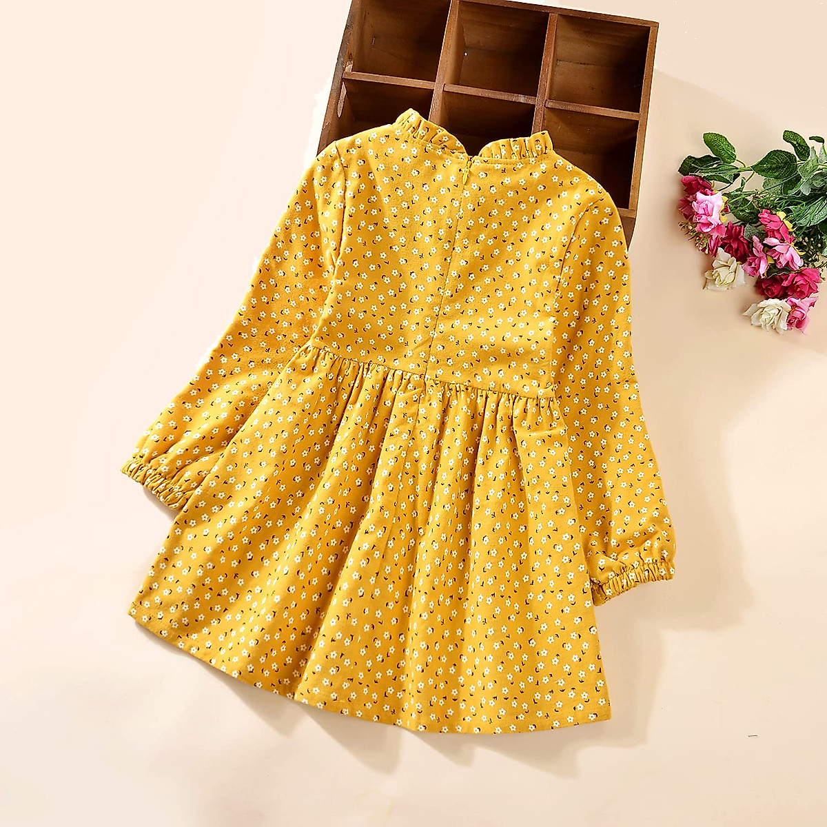 VINUOKER Toddler Baby Girls Floral Dress Long Sleeve Cotton Dress Fall Winter Midi Dress Little Girl Dress 2-7 Years Yellow