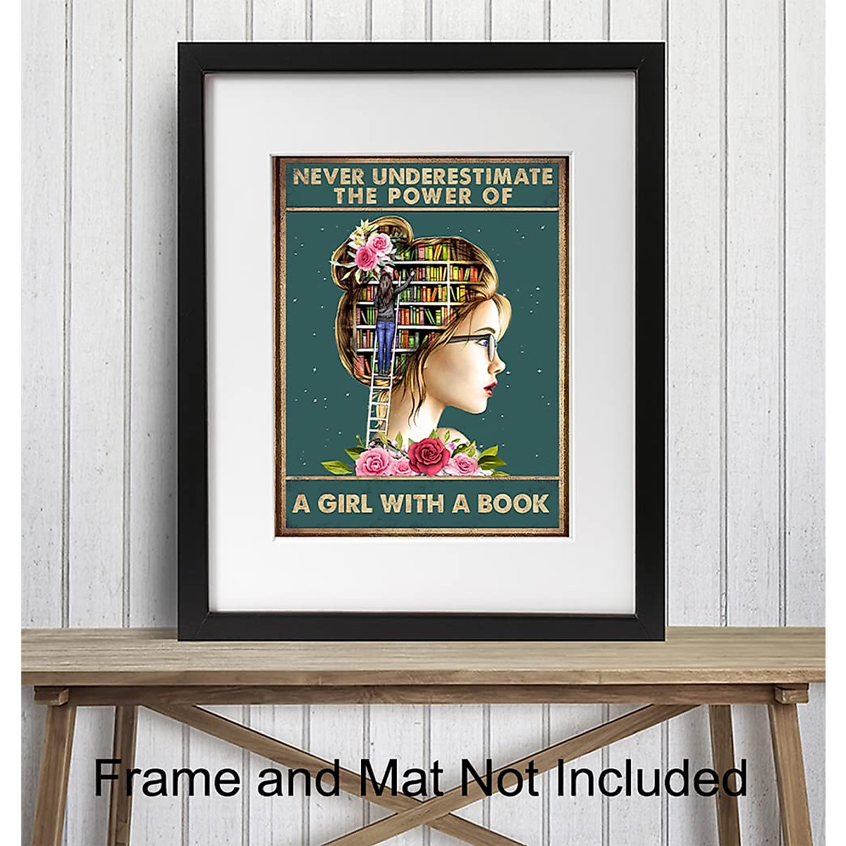 Inspirational Classroom Wall Art & Decor - Girls Bedroom - Never Underestimate A Girl With A Book - Positive Quotes - Girls Room - Girly Motivational Posters - Uplifting Encouragement Daughter Gifts