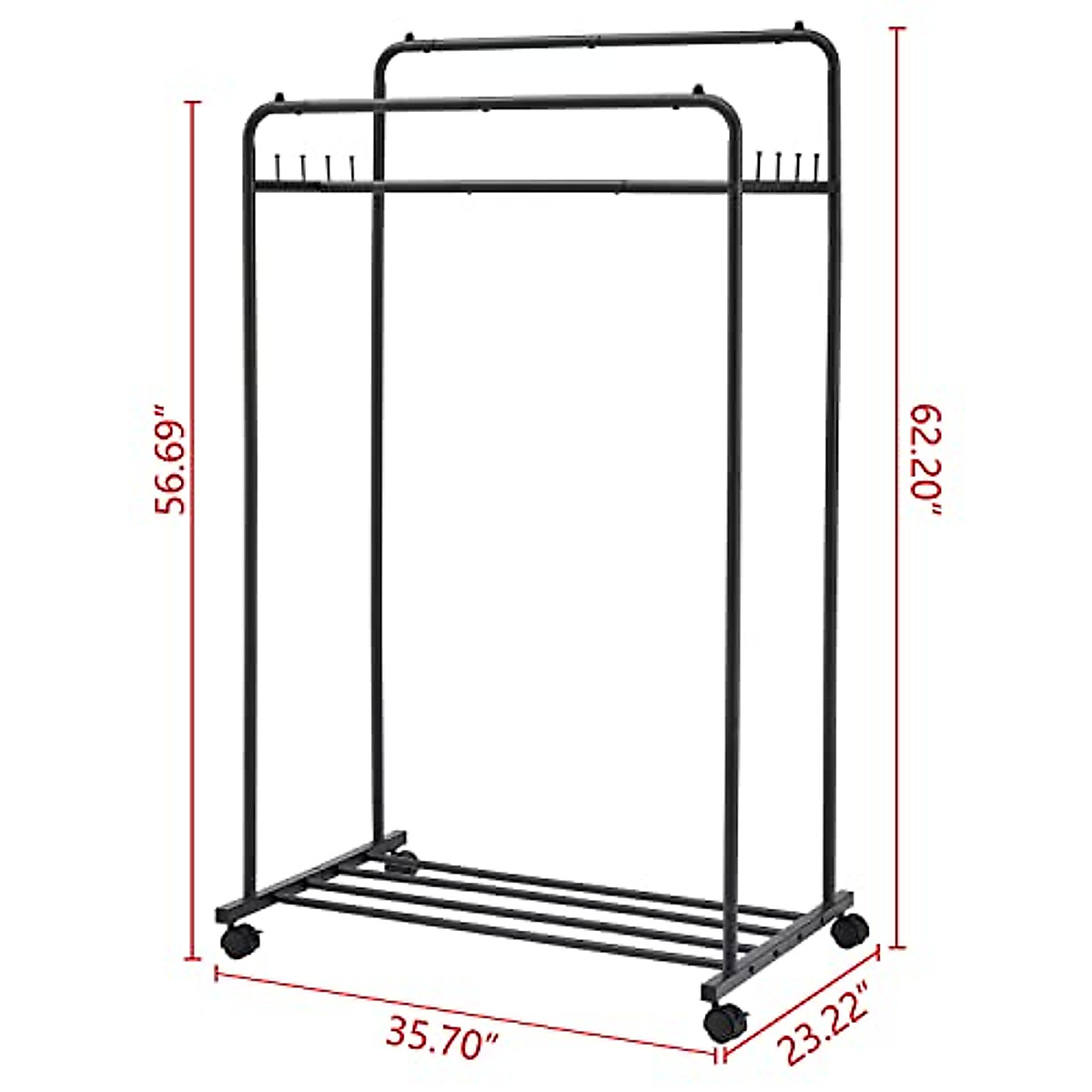 Hoctieon Double Rod Garment Rack,Clothes Rack on Wheels,Portable Clothing Racks for Hanging Clothes,Closet Hanger Rack with Shelves Black