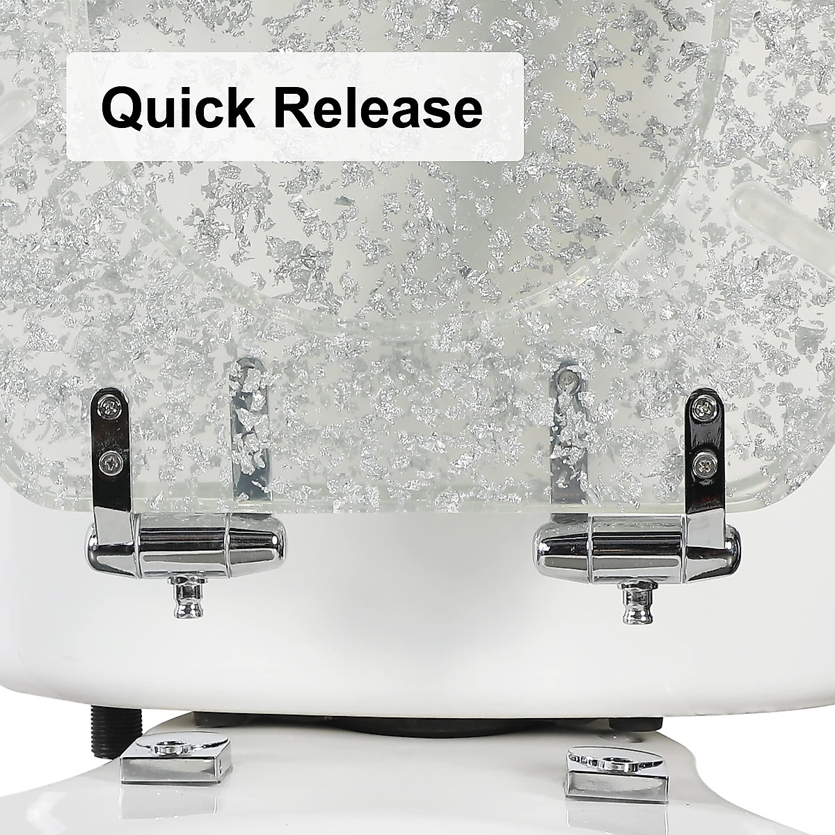 Resin Toilet Seat Elongated Soft Close Quick Release Heavy Duty Toilet Seats with Glitter Cover Acrylic Seats Silver Foil 19 Inch