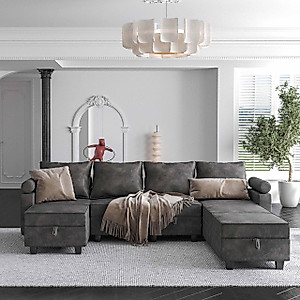 Tbfit Modular Sectional Sofa with Storage Ottoman, Convertible Oversized Couch with Reversible Chaises, Sleeper Sofa with Adjustable Arm for Living Room, 7 Seated, Dark Grey