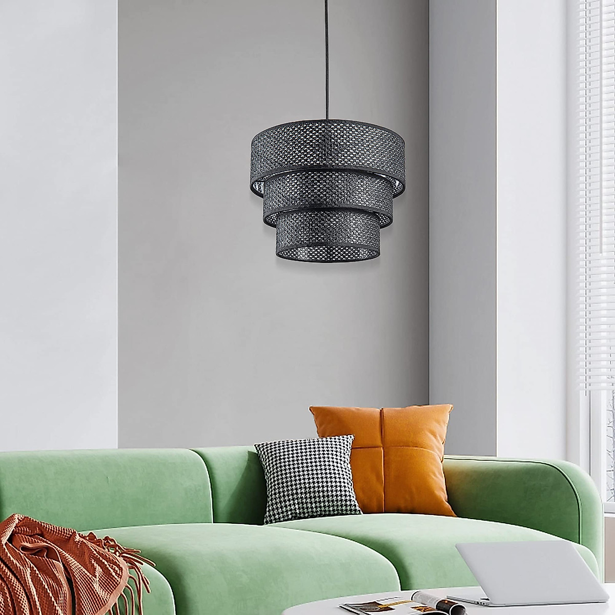 Mateyrie Plug in Pendant Light, Hanging Lamp with Dimmable Switch, Pendant Light Fixtures with 15 Ft Cord, Hanging Light with Black Rattan Shade for Bedroom, Kitchen, Living Room, Dining Table