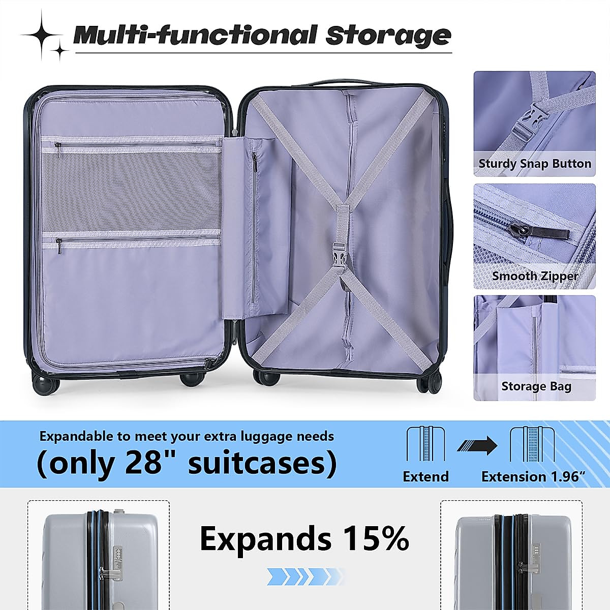 AnyZip Luggage Expandable(only 28") Suitcases with Spinner Wheels PC+ABS Hardshell TSA Lock 28Inch Navyblue