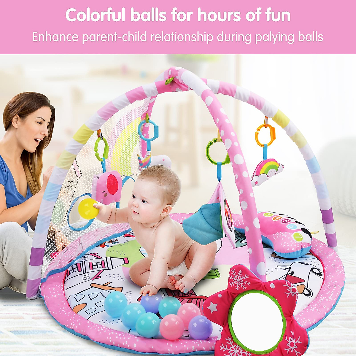 Amagoing Baby Gym Play Mat,4-in-1 Infant Activity Gym with 6 Detachable Toys & Ball Pit for Toddler Sensory and Motor Skill Development Discovery, Newborn Essential Gifts for 0-12 Months Baby Girl Boy