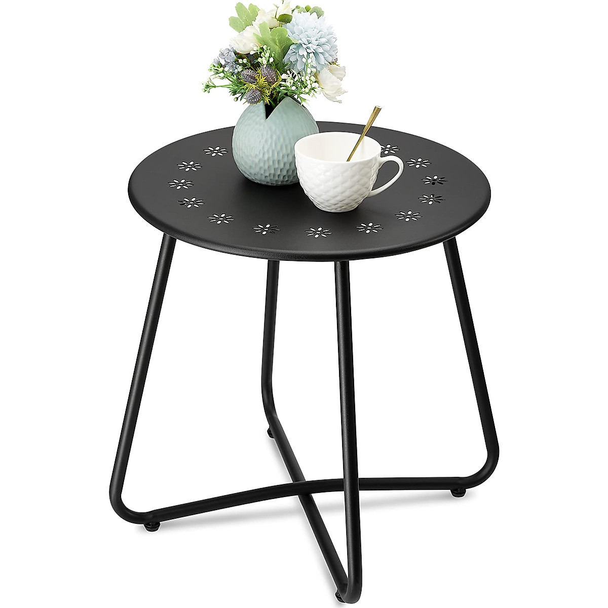 danpinera Outdoor Side Tables with Flower Cut Outs, Weather Resistant Steel Patio Side Table, Small Round Outdoor End Table Metal Side Table for Patio Yard Balcony Garden Black