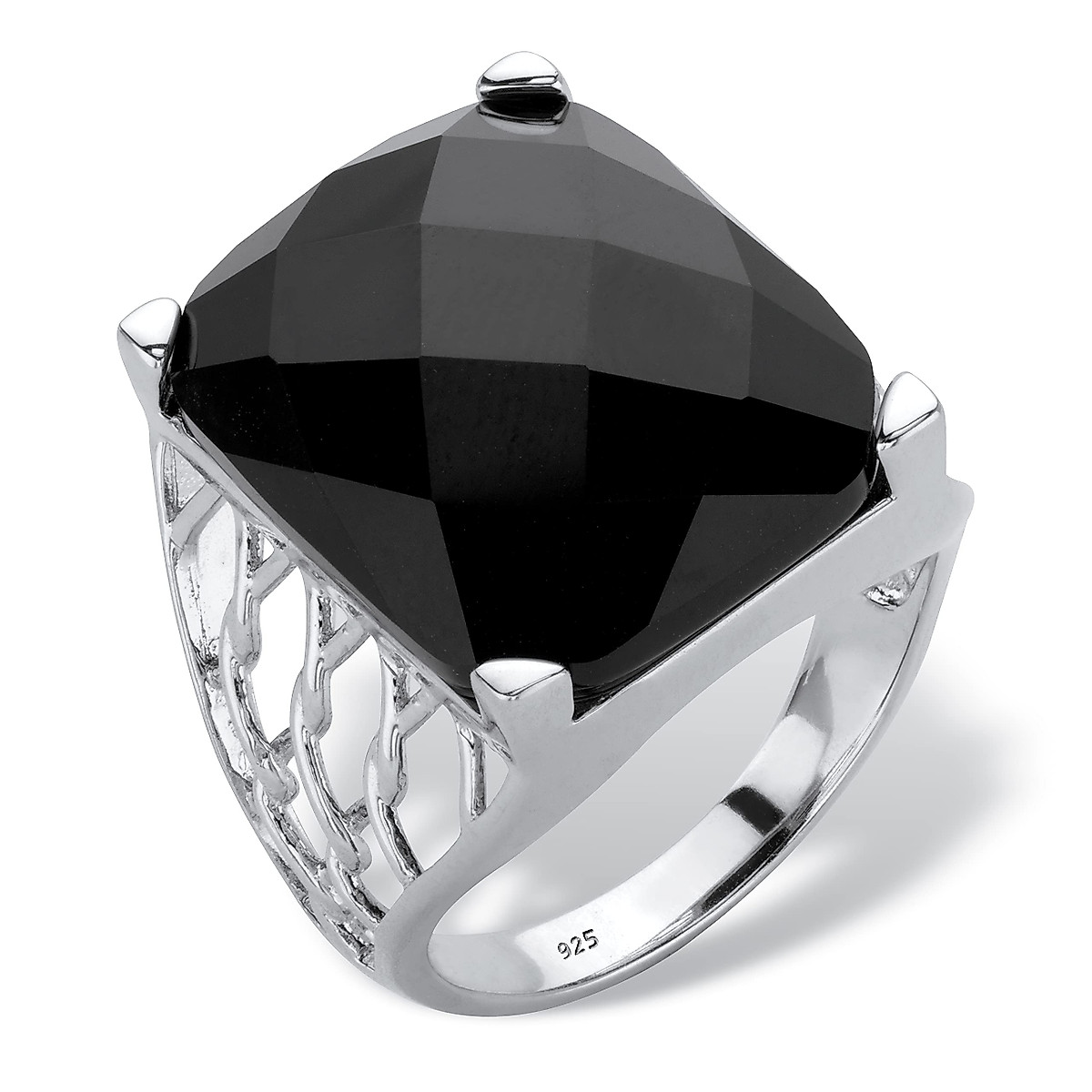PalmBeach Sterling Silver Emerald Cut Natural Black Onyx Checkerboard Cut Ring Sizes 6-10 Size 7