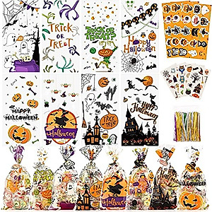 Halloween Candy Bags Treats Bags, 200 PCS Halloween Cellophane Bags for Kids Treat or Trick Party Supplies, 8 Styles Halloween Goodies Bags Gift Bags with Tattoo Stickers for Halloween Party Favors