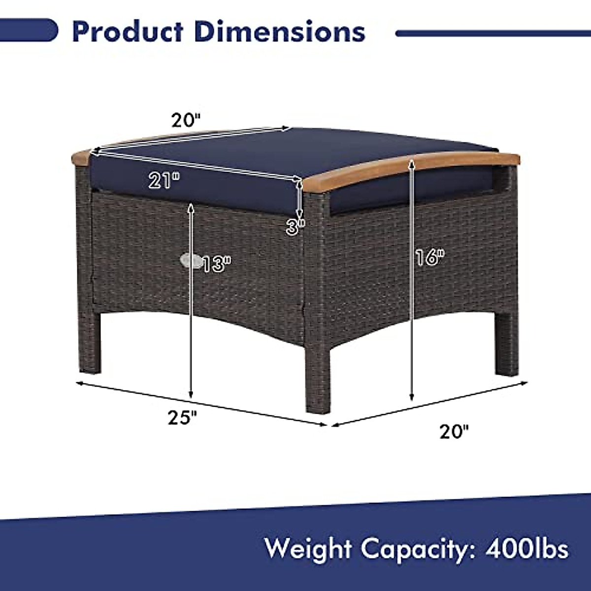 Tangkula 2 Piece Patio Rattan Ottomans, Outdoor Wicker Footstool w/Acacia Wood Handles, Soft Zippered Cushions, 3-in-1 Function Footstool Seat & Side Table for Backyard, Balcony, Poolside (Navy)