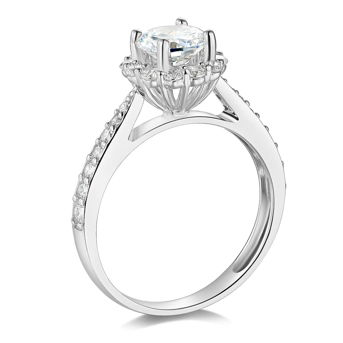 Wellingsale Ladies Solid 14k White Gold Polished CZ Cubic Zirconia Round Cut Halo Engagement Ring with Side Stones - Size 6.5