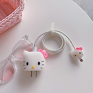 3D Cute Cartoon Wall Charger Protector Case - Compatible for Apple 20W USB-C Power Adapter and Lightning Cable (White Kitty)