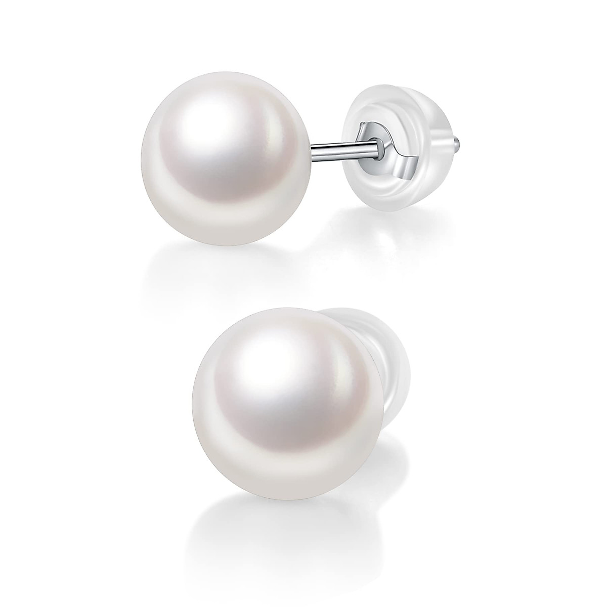 IMOLOVE AAA+ Handpicked White Real Pearl Earrings for Women with 7.5mm Round White Freshwater Genuine Cultured Pearls Stud Earrings for Women Sterling Silver with 18K White Gold Plated
