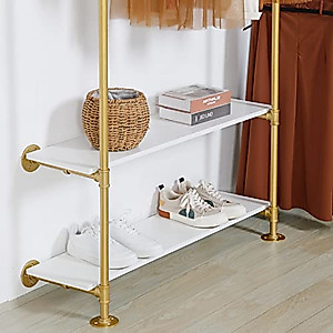 EDCB Modern Simple Industrial Pipe Clothing Rack Wall Mounted Hanging Rods Garment Bar with Shelves, Heavy Duty Garment Rack for Boutiques Retail Display (Glod, 92.1X76.8inch)