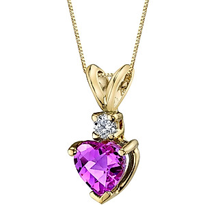 PEORA Created Pink Sapphire with Genuine Diamond Pendant in 14 Karat Yellow Gold, Heart Shape Solitaire, 6mm, 1.15 Carats total