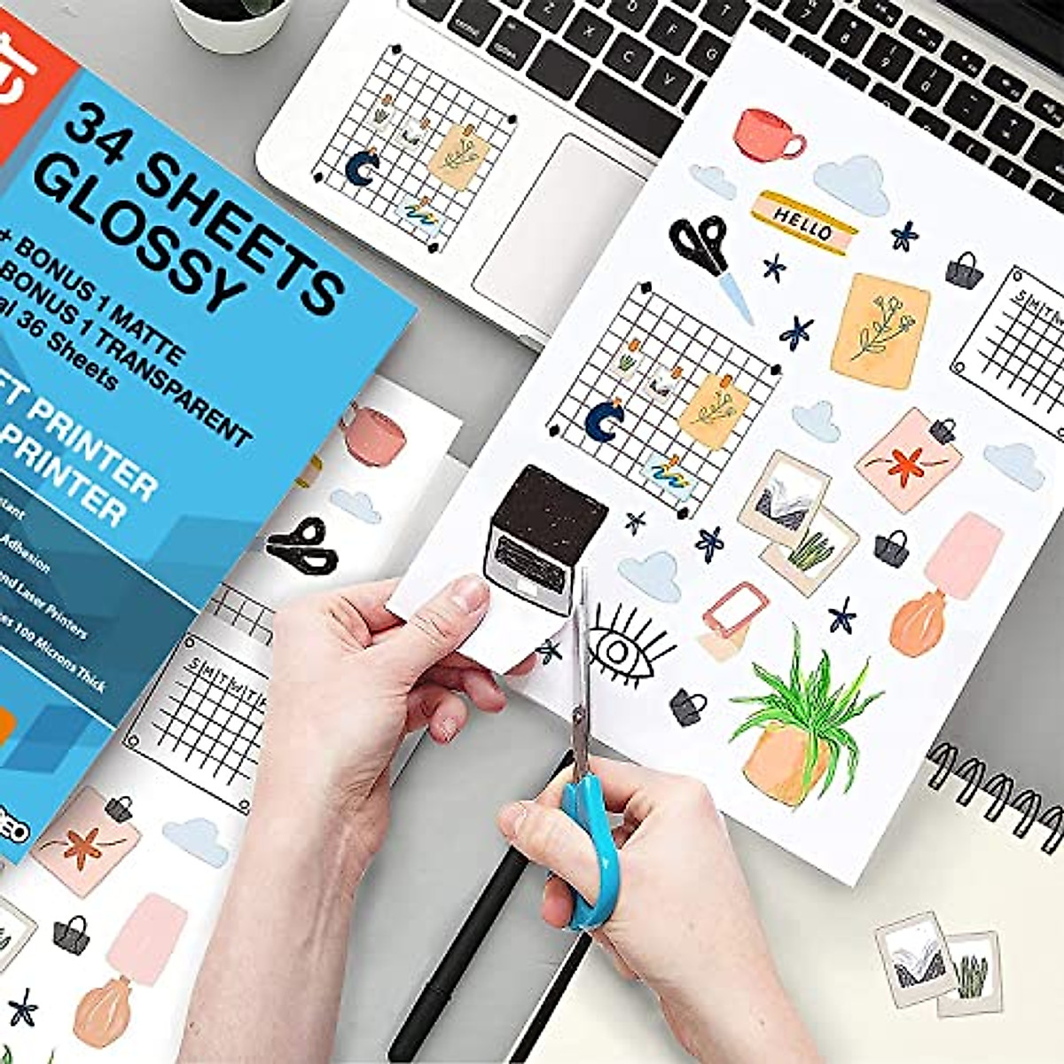 Premium Printable Vinyl Sticker Paper for Inkjet & Laser Printer - 34 Sheets Self-Adhesive Sheets Glossy White Waterproof, Dries Quickly Vivid Colors, Holds Ink well- Tear Resistant (Glossy)