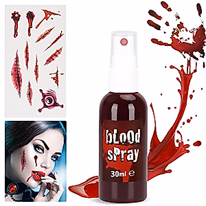 Halloween Fake Blood Spray 1oz, Realistic Safe Washable Fake Blood for Clothes Halloween Blood Makeup Zombie Vampire Bloody Face Blood for Halloween (1oz/30ml)