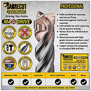 5 x SabreCut QSCK5A 13/64" 7/32" 15/64" 9/32" 5/16" x 6 19/64" Length Quattro PGM Approved Full Carbide 4 Cutter Tip Vortex Flute SDS Plus Drill Bit Mix Kit For Stone Concrete Brick Block
