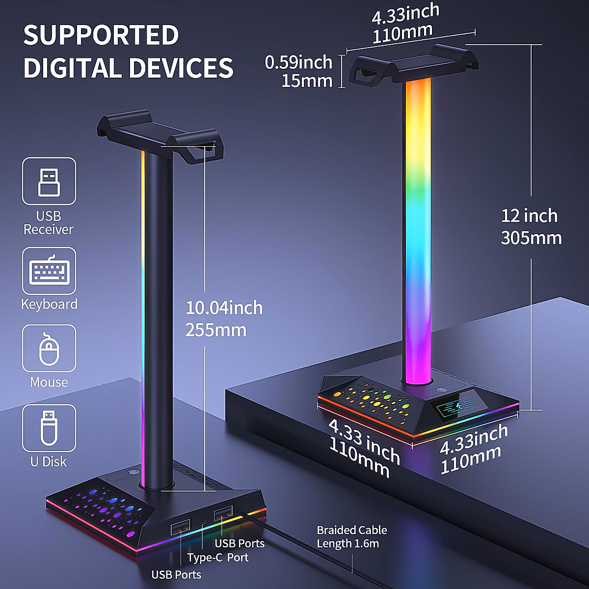 Gaming Headphone Stand PC Accessories - RGB Headset Stand with 2 USB Charger, Cool LED Headphone Holder PC Gaming Accessories Gift for Boys Men Gamers, Computer Game Hardware for Desk