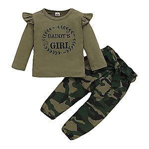 Mikrdoo 2T Girl Clothes Toddler Girl Outfit Cotton Letter Print Shirt Camo Pants 2pcs Toddler Baby Camouflage Outfits Set 2t-3t Girls Clothes