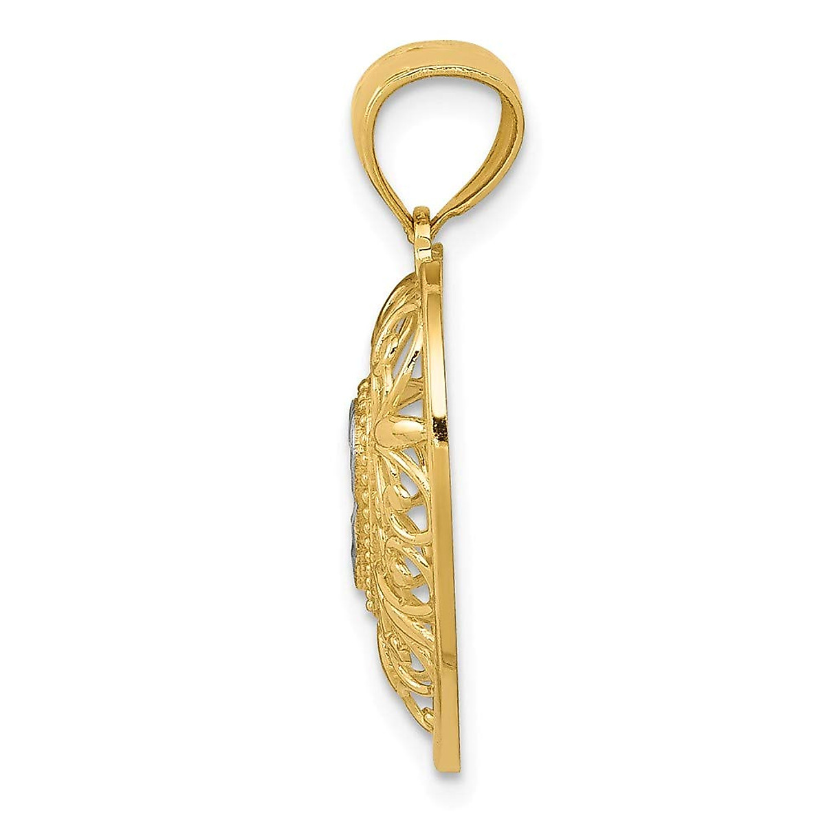 Solid 14k Yellow Gold Two Toned Diamond-Cut Filigree Heart Pendant Charm - 24mm x 17mm