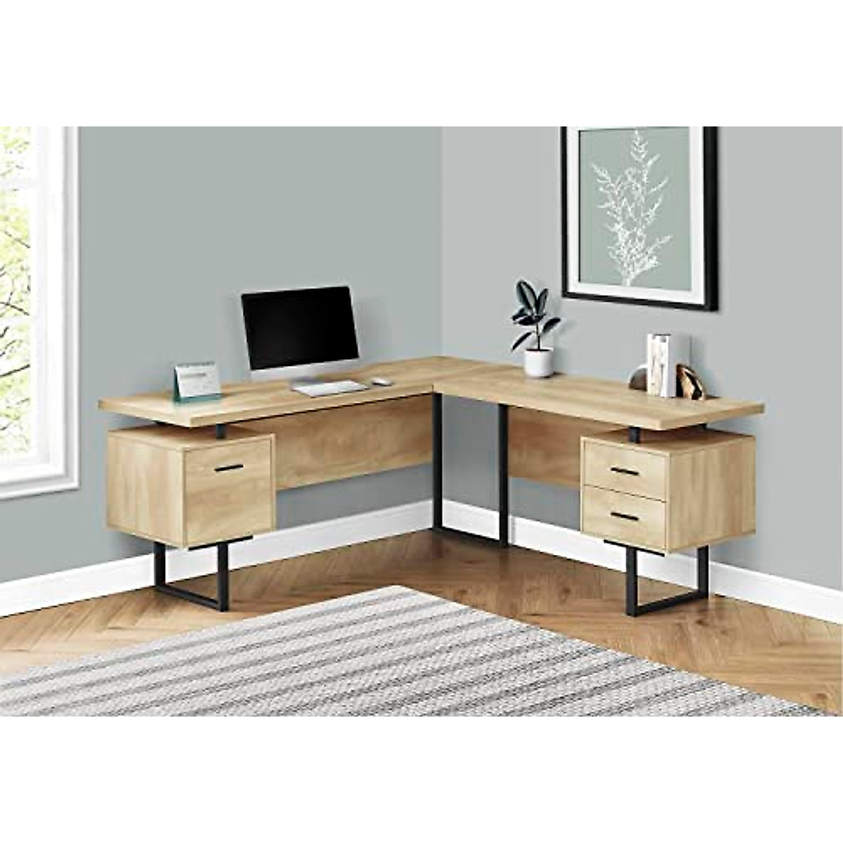 Monarch Specialties 7613 Computer Desk, Home Office, Corner, Left, Right Set-up, Storage Drawers, 70" L, L Shape, Work, Laptop, Metal, Laminate, Natural, Black Desk-70 R Face, 71" L x 71" W x 30" H