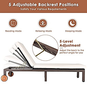 HAPPYGRILL Patio Chaise Lounge Chair Outdoor Rattan Lounger Recliner Chair Adjustable Position Folding Wicker Lounge Chair with Cushion & Wheels for Garden Patio Poolside