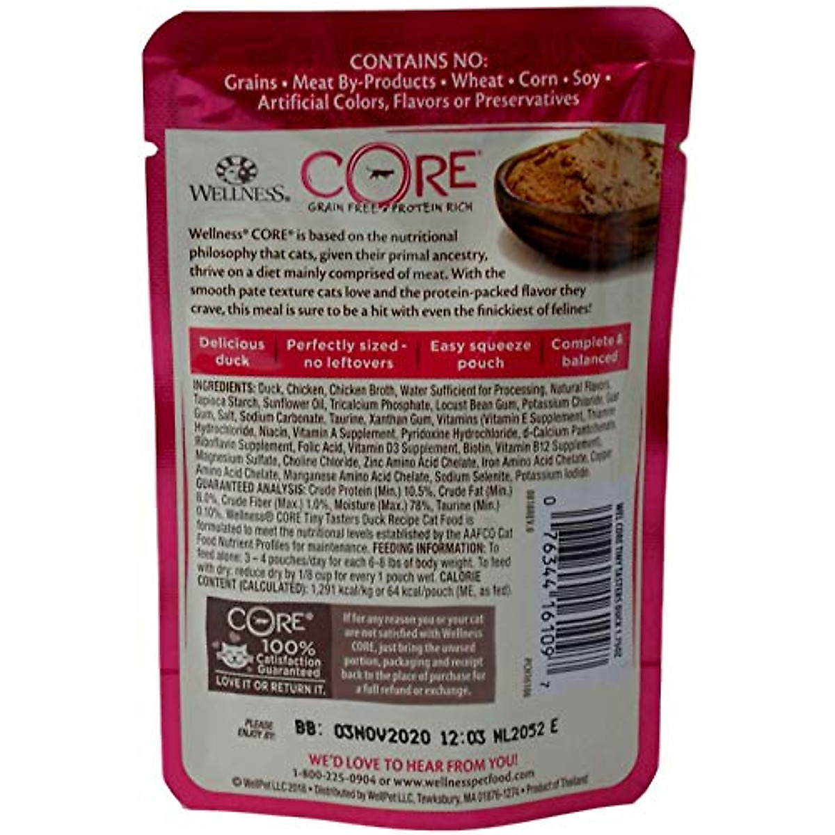 Wellness CORE Tiny Tasters Grain Free Cat Food 4 Flavor 8 Pouch Plus Catnip Toy Sampler Bundle, (2) Each: Duck, Tuna, Chicken, Chicken Beef, (1.75 Ounces)