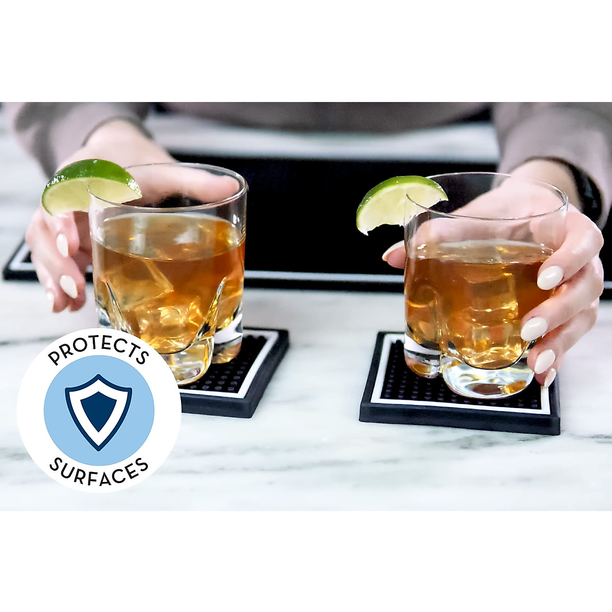 S&T INC. Rubber Bar Mat for Countertop, Non-Slip Bar Mat for Home Bar Cart, Coffee Maker Mat for Countertops, 11.9 Inch x 17.8 Inch, Black with White Border, 1 Bar Mat with 2 Coasters