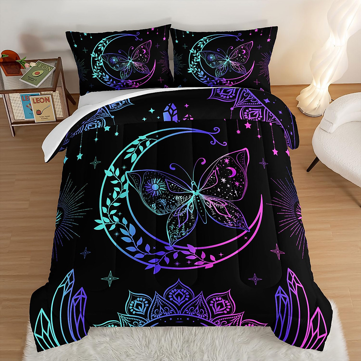 HOSIMA Butterfly Comforter Set 3-Piece with 2 Pillowcases, Black Boho Mandala Comforter Bedding Set for Girls' Twin Bed in a Bag