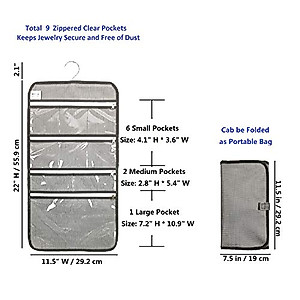 ANIZER Travel Foldable Jewelry Rolls Bag Hanging Jewelry Organizer with 9 Zippered Clear Pockets Storage Pouch with Rotatable Hanger (GREY)