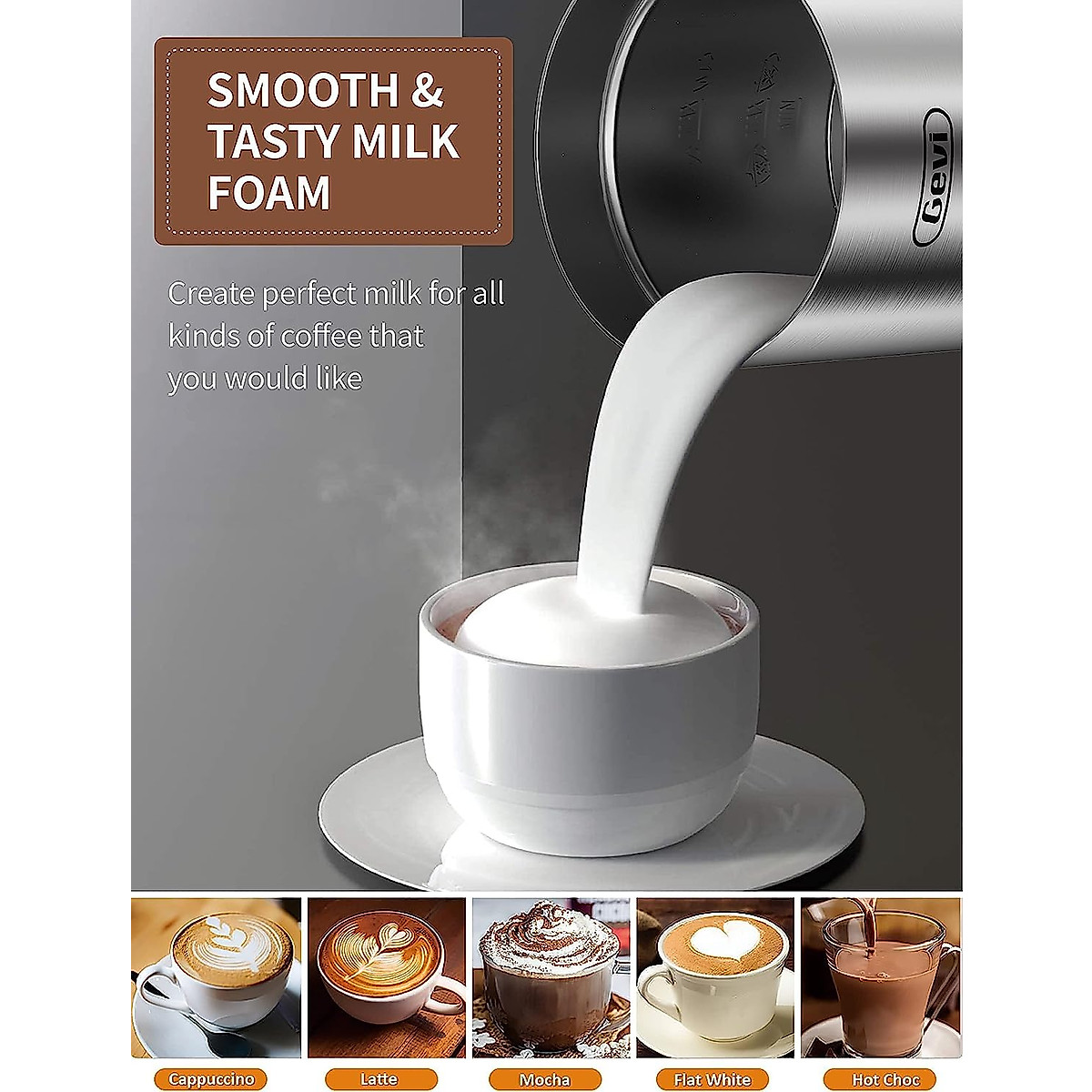 Gevi Milk Frother, 4 in 1 Stainless Steel Electric 10.1 oz/2.5 oz Automatic Cold and Hot Milk Foam Maker & Milk, Chocolate Warmer for Macchiato, Cappuccino, Hot Chocolates, Latte, 500W, 120V, Silver