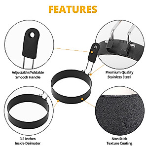 3.5 Inch Egg Rings for Frying Eggs and English Muffins, Stainless Steel Egg Rings with Foldable Handle 2 Pack, Round Egg Mold Circle Shaper with Extra Oil Brush for Cooking Breakfast Sandwich Burger