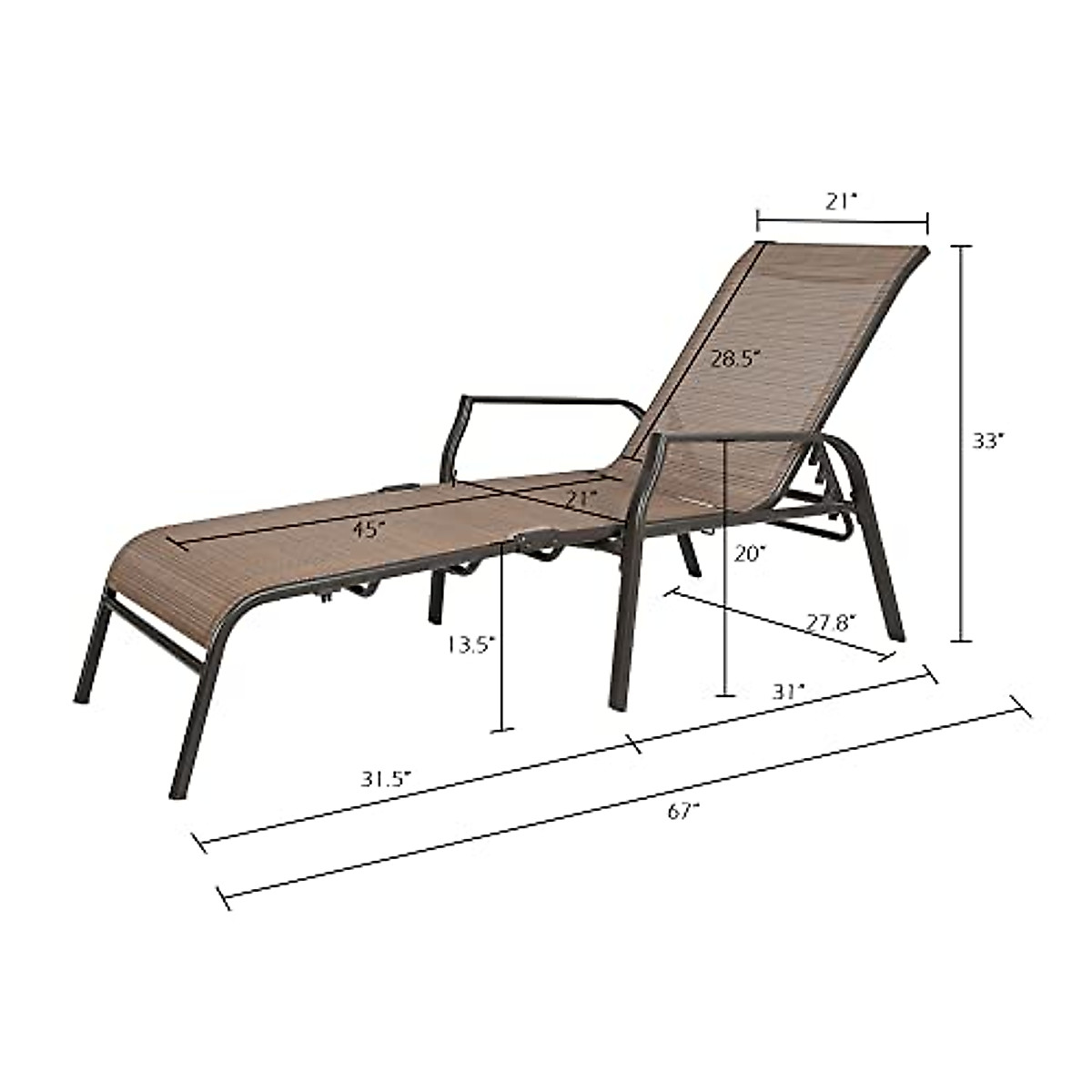 PEAK HOME FURNISHINGS Patio 2-Piece Aluminum Chaise Lounges Chairs w/High Armrest Outdoor 5-Position Adjustable Sling Recliners Sun Lounger Set
