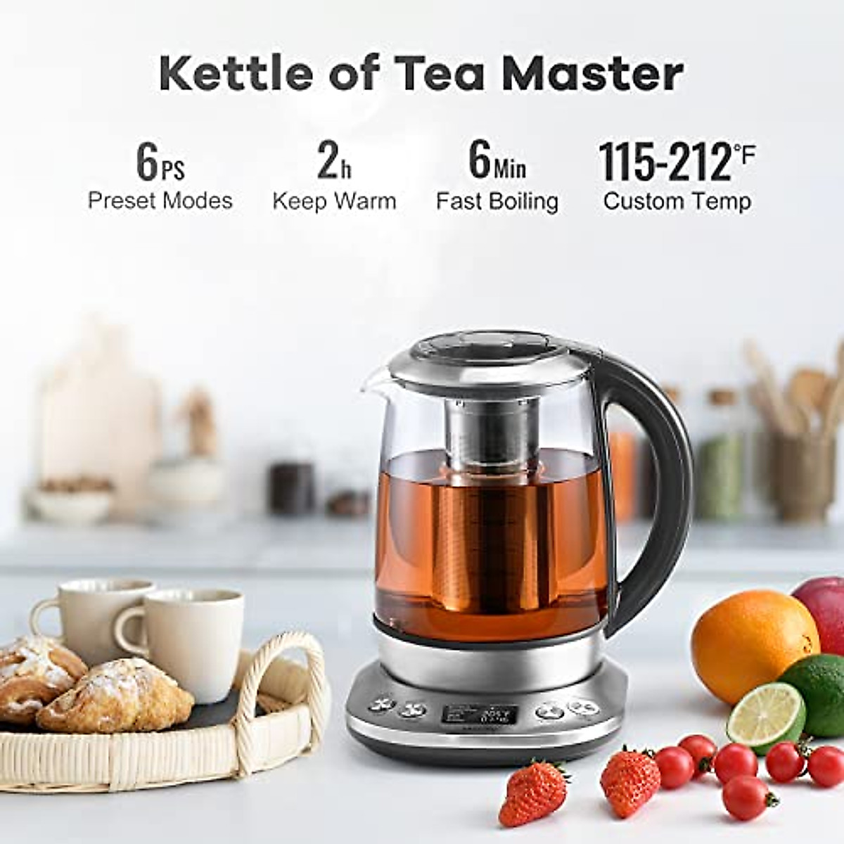 Mecity Electric Tea Kettle With Tea Infuser and Temperature Control Glass Tea Maker LCD Display Preset Brewing Programs For Tea Water Boiler 1.7L