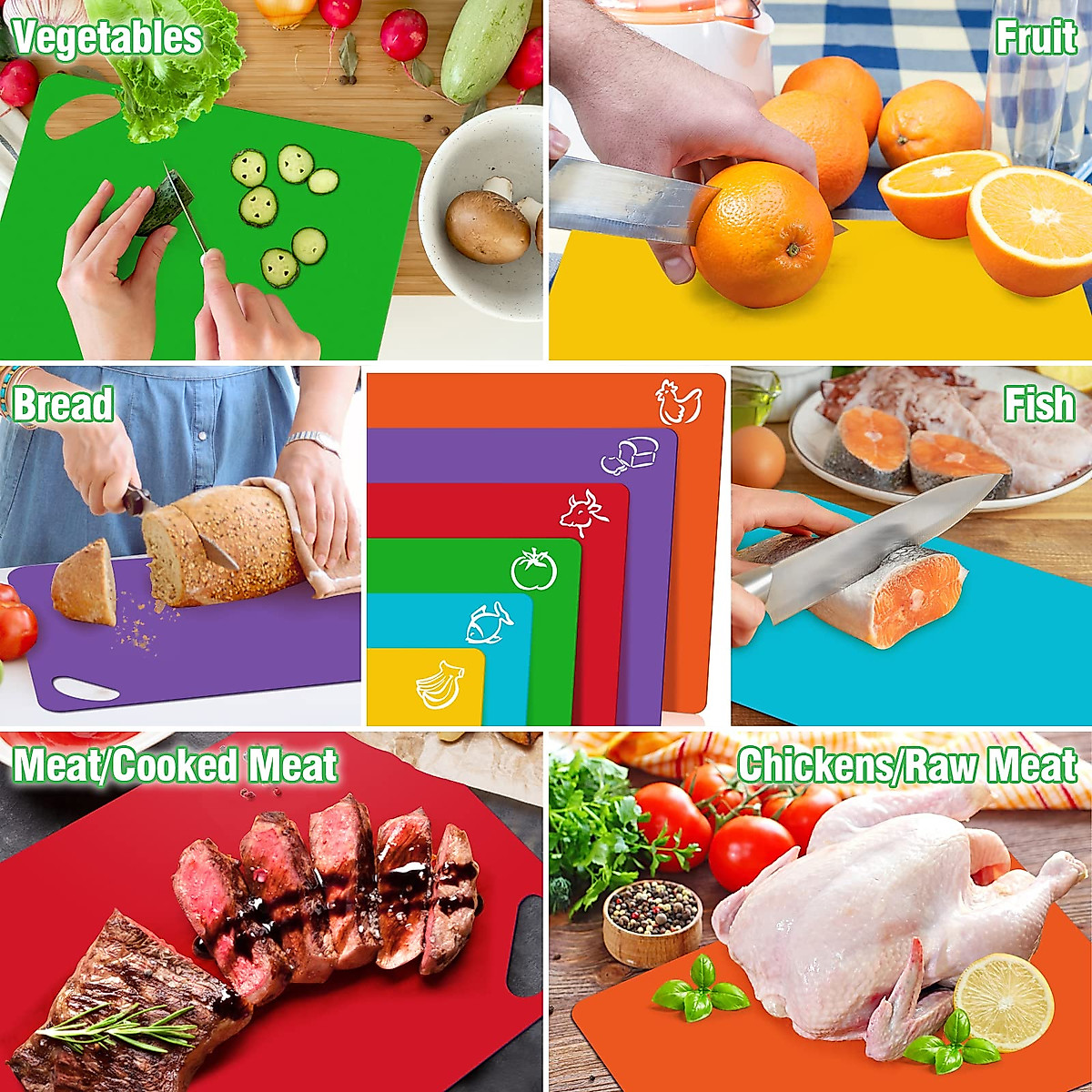 Flexible Plastic Cutting Board Mats, Set of 6 Colorful Chopping Boards, Cutting Boards for Kitchen Dishwasher Safe, Cutting Mat For Cooking with Food Icons Kitchen Gifts for Women, BPA Free, Non-slip