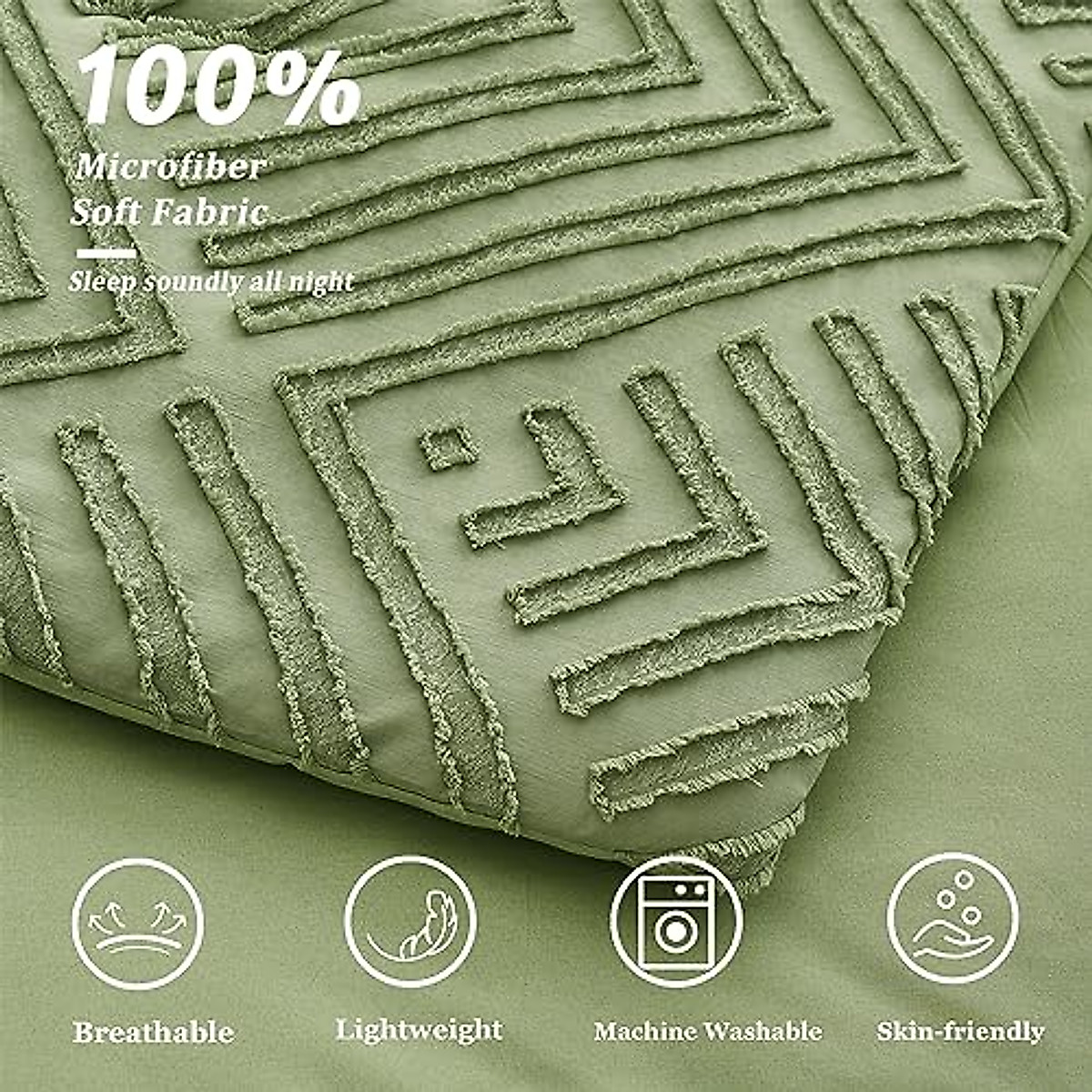 WURUIBO Green Queen Comforter Set 7 Piece Bed in a Bag,Tufted Shabby Chic Boho Bedding Comforter Sets,Soft Microfiber Textured Complete Bedding Set for All Season (Green,Queen)