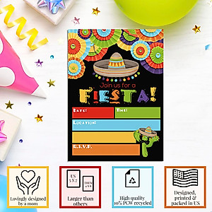 Fiesta Mexican Themed Party Invitations for Birthday Celebration, Retirement, or Cinco De Mayo, 20 5x7 Fill In Cards with Twenty White Envelopes by AmandaCreation