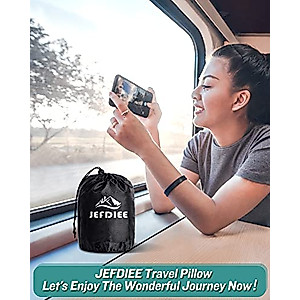 JefDiee Inflatable Travel Pillow, Airplane Neck Pillow Comfortably Supports Head and Chin for Airplanes, Trains, Cars and Office Napping with 3D Eye Mask, Earplugs and Portable Drawstring Bag (Grey)