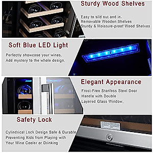 Beverage and Wine Refrigerator, Freestanding or Built-in 24 inch Wine Fridge Dual Zone Wine Cooler with Tempered Glass Door and Temperature Memory Function Wine Cellars for 19 Bottles and 57 Cans