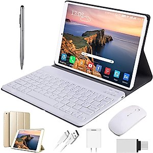 2 in 1 Tablets 10 Inch, Android 9 Tablet PC with Wireless Keyboard Case, 4GB RAM 64GB ROM/128GB Computer Tablets, Quad Core, HD/IPS, 8000mAh, Dual 4G SIM/WiFi (Gold)