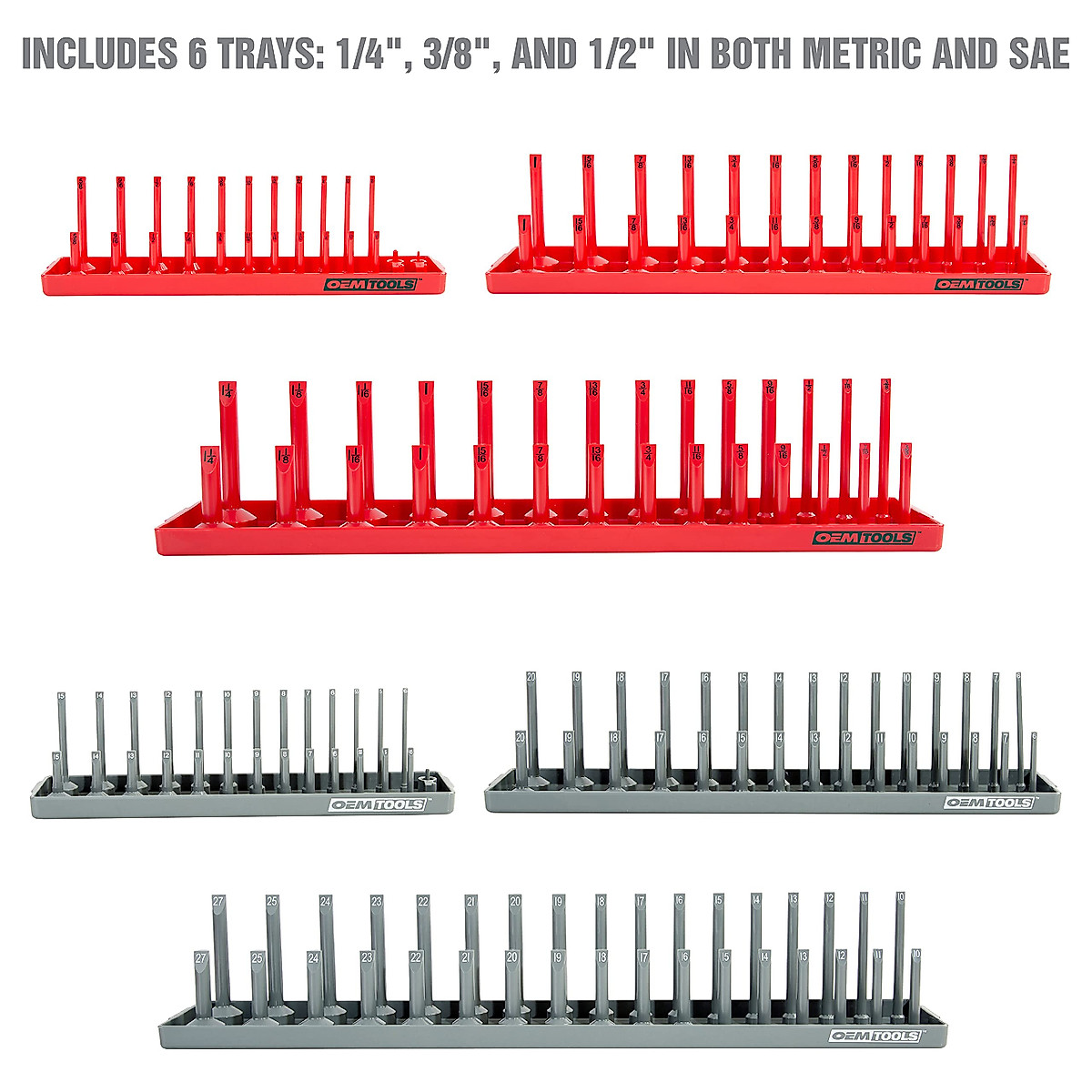 OEMTOOLS 22413 6 Piece SAE and Metric Socket Tray Set, SAE and Metric Socket Storage for Sizes 1/4", 3/8”, and 1/2" Drive, Socket Holders and Socket Organizer Tray for Toolbox, Red/Grey