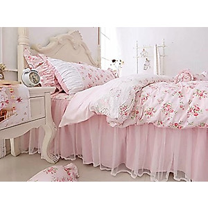 LELVA Romantic Roses Print Duvet Cover Set with Bed Skirt Pink Lace Ruffle Floral Shabby Chic Bedding Sets Queen 4 Piece