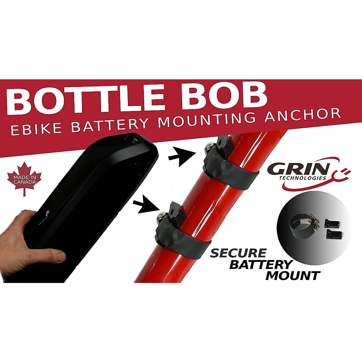 Grin Technologies Bottle Bob with Hose Clamps for Securing Downtube and Water Bottle Batteries to Frames Without Eyelets