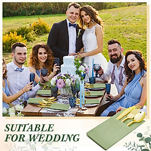 Tioncy 100 Pack Gold Plastic Silverware Cutlery Set Dinner Napkins with Built in Flatware Pocket Disposable 100 Forks Spoons Knives and 100 Like Cloth Paper Napkins for Dinner Wedding Party (Green)
